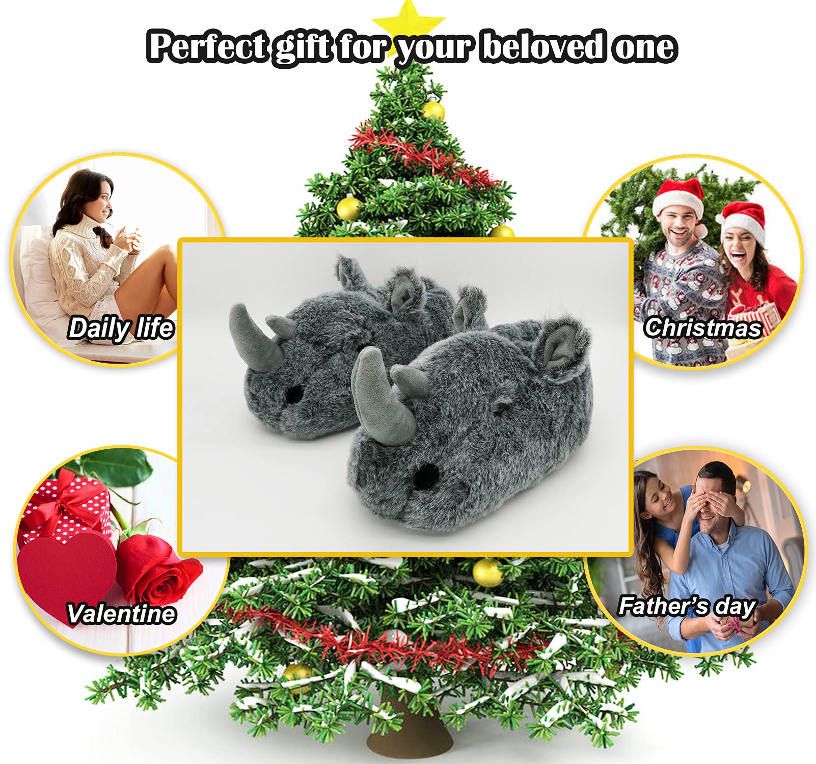 Onmygogo Fuzzy Winter Animal Slippers for Men and Women (Rhino, numeric_8)