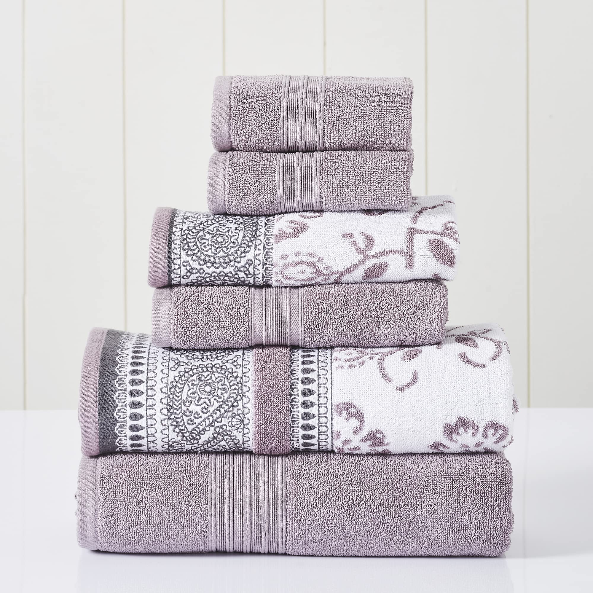 Modern Threads 6 Piece Set, 2 Bath Towels, 2 Hand Towels, 2 Washcloths Yarn Dyed Jacquard/Solid Towel Set Ophelia Orchid