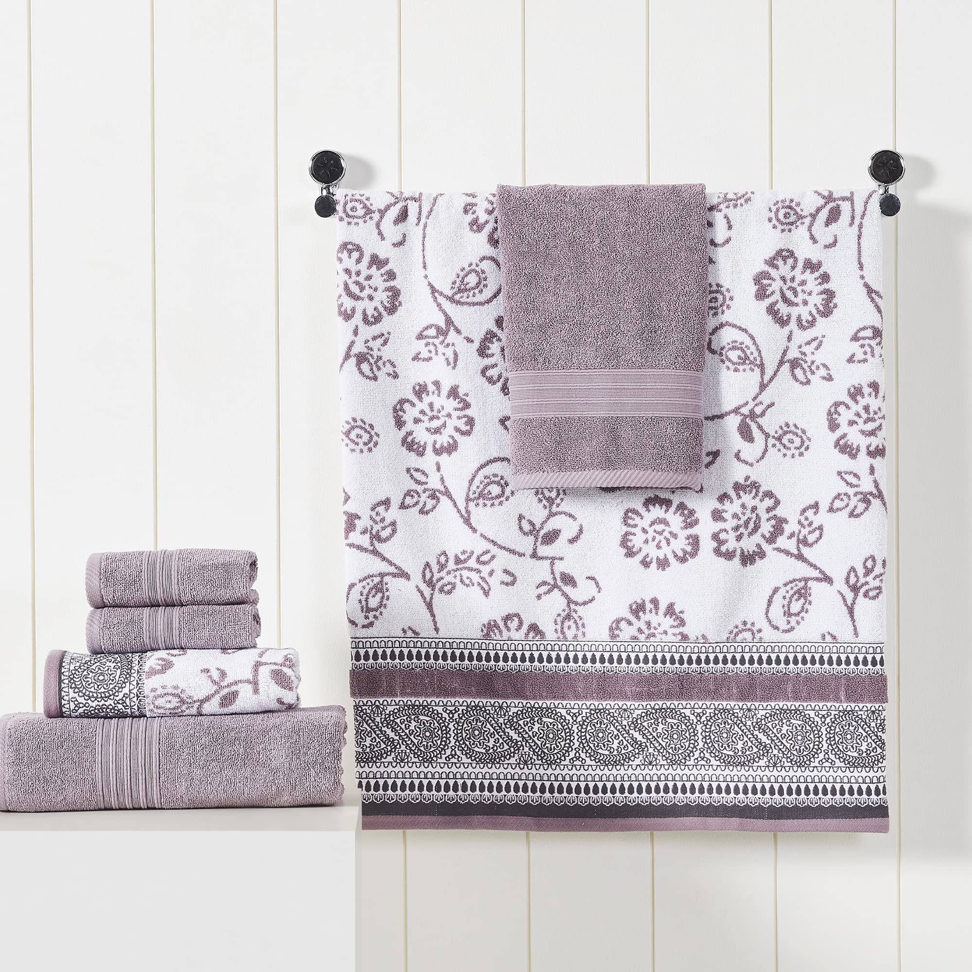 Modern Threads 6 Piece Set, 2 Bath Towels, 2 Hand Towels, 2 Washcloths Yarn Dyed Jacquard/Solid Towel Set Ophelia Orchid