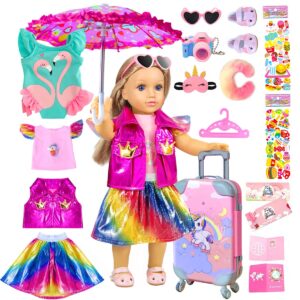 wondoll 18-inch-doll-clothes and accessories - doll-travel-suitcase play set including luggage, 2 sets of doll-clothes and shoes, umbrella sunglasses camera travel pillow blindfold passport tickets