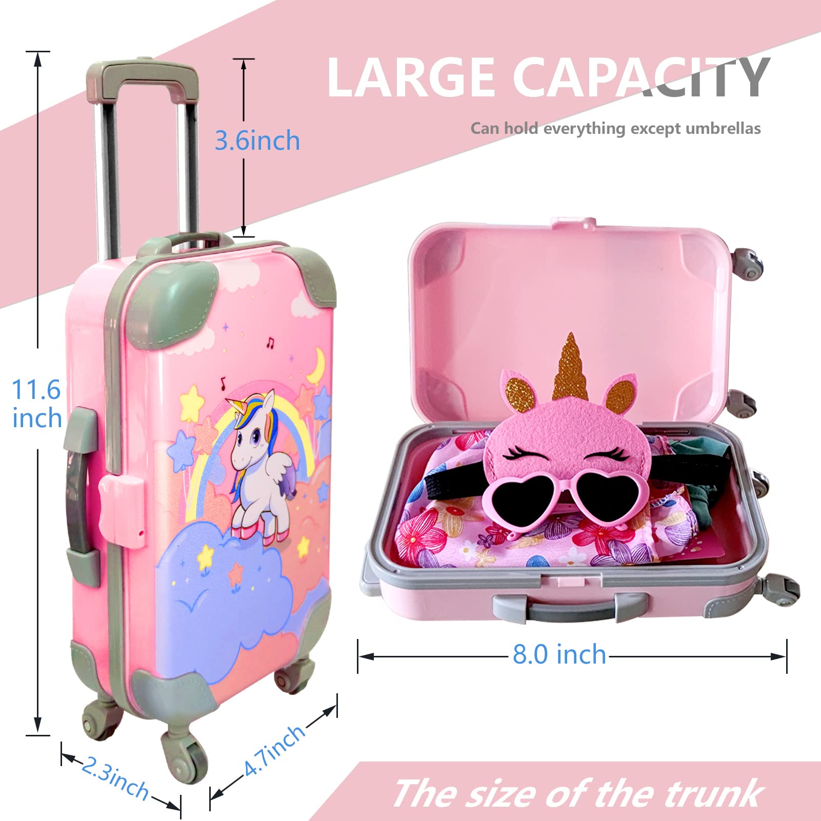 WONDOLL 18-inch-Doll-Clothes and Accessories - Doll-Travel-Suitcase Play Set Including Luggage, 2 Sets of Doll-Clothes and Shoes, Umbrella Sunglasses Camera Travel Pillow Blindfold Passport Tickets