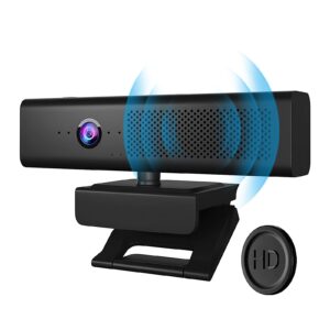 full hd 1080p computer camera with 4 built-in omnidirectional microphones and speaker for video conference streaming, usb external webcam with magnetic privacy cover for desktop monitor laptop