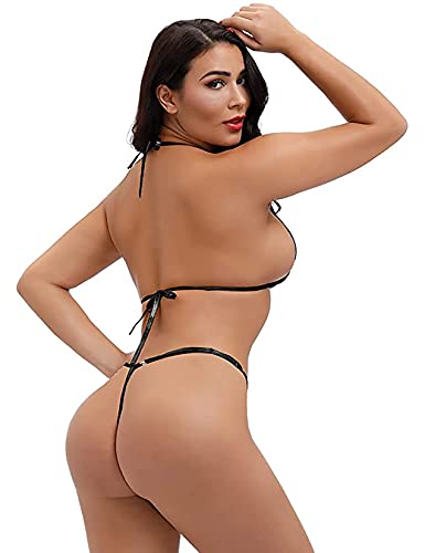 EVAbaby Sexy Women Halter Neck Bra Top Thong Summer Swimwear Mini Micro Bikini Set Black