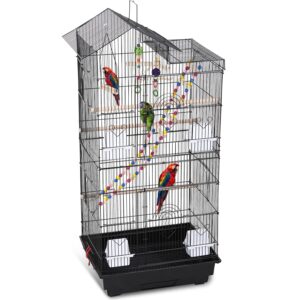 hcy 39 inches bird cage roof top large flight parrot bird cage with toys for medium small birds, lovebirds, finch, cockatiel parakeets, parrot, iron bird cage, black, 17x14x39 inch (pack of 1)