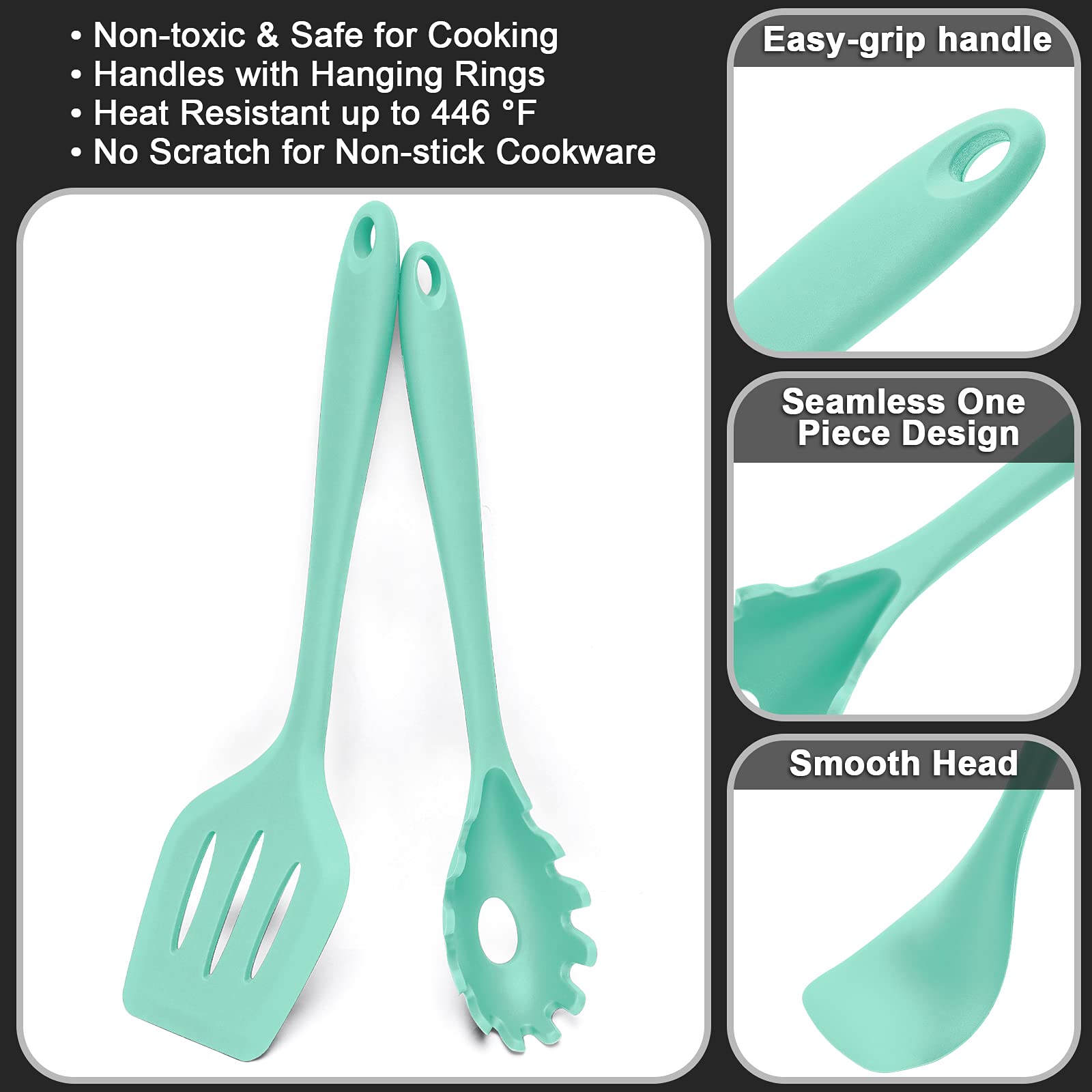 Silicone Cooking Utensils Set, 28PCS Kitchen Utensils Set with Holder, AIKWI Heat-Resistant & Non-stick Silicone Spatula, Tongs,Spoon for Cooking, BPA Free Kitchen Tools Gift (Green)