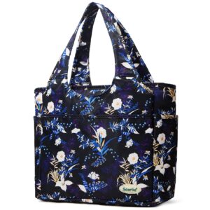 scorlia insulated lunch shoulder bag, extra large lunch tote handbag, durable reusable cooler ladies lunch box bag with side pockets, tall drinks holder for women men work, blue flower