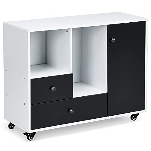 Giantex Mobile File Cabinet on Wheels - Lateral Filing Cabinet with Drawer, Open Shelves, Lockable Wheels, Printer Stand for Letter/Legal/A4 Size Files, Office Storage Cabinet (Round Knob)