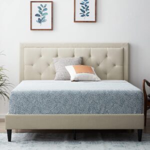 lucid upholstered platform bed frame with headboard– no box spring needed – queen size – pearl