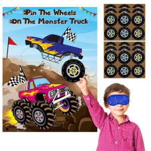 angolio monster truck pin the tail games party supplies pin the wheels on the monster truck poster birthday collection favor baby shower background game accessories for kids (includes 2 blindfolds)