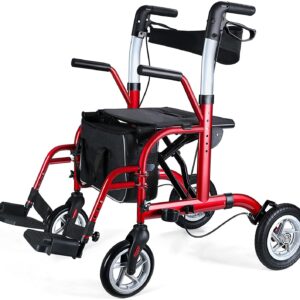 Healconnex 2 in 1 Rollator Walker for Seniors-Medical Walker with Seat,Folding Transport Wheelchair Rollator with 10" Big Pneumatic Rear Wheels,Reversible Soft Backrest and Detachable Footrests