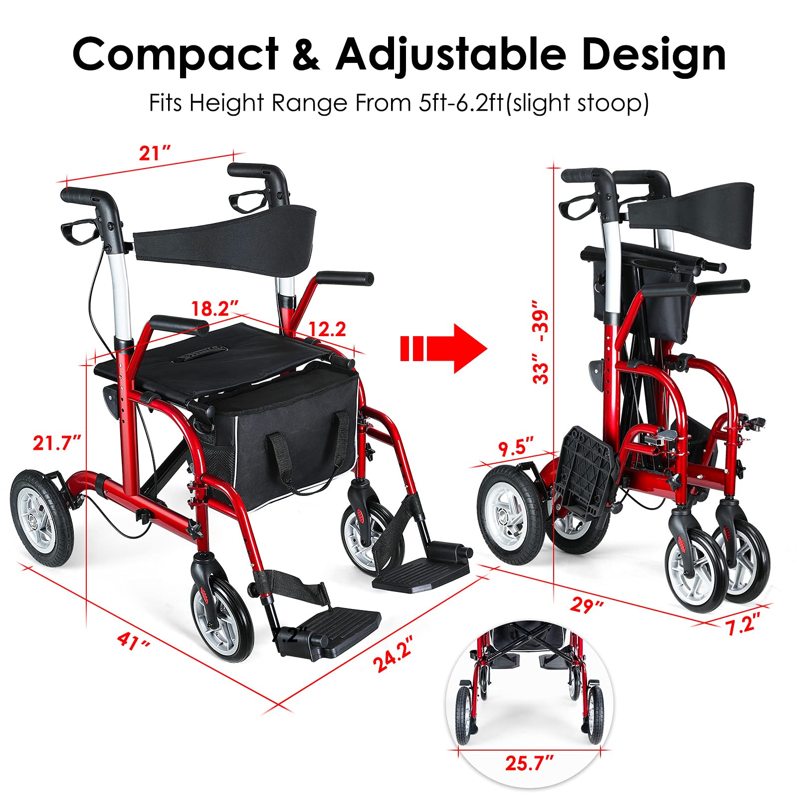 Healconnex 2 in 1 Rollator Walker for Seniors-Medical Walker with Seat,Folding Transport Wheelchair Rollator with 10" Big Pneumatic Rear Wheels,Reversible Soft Backrest and Detachable Footrests