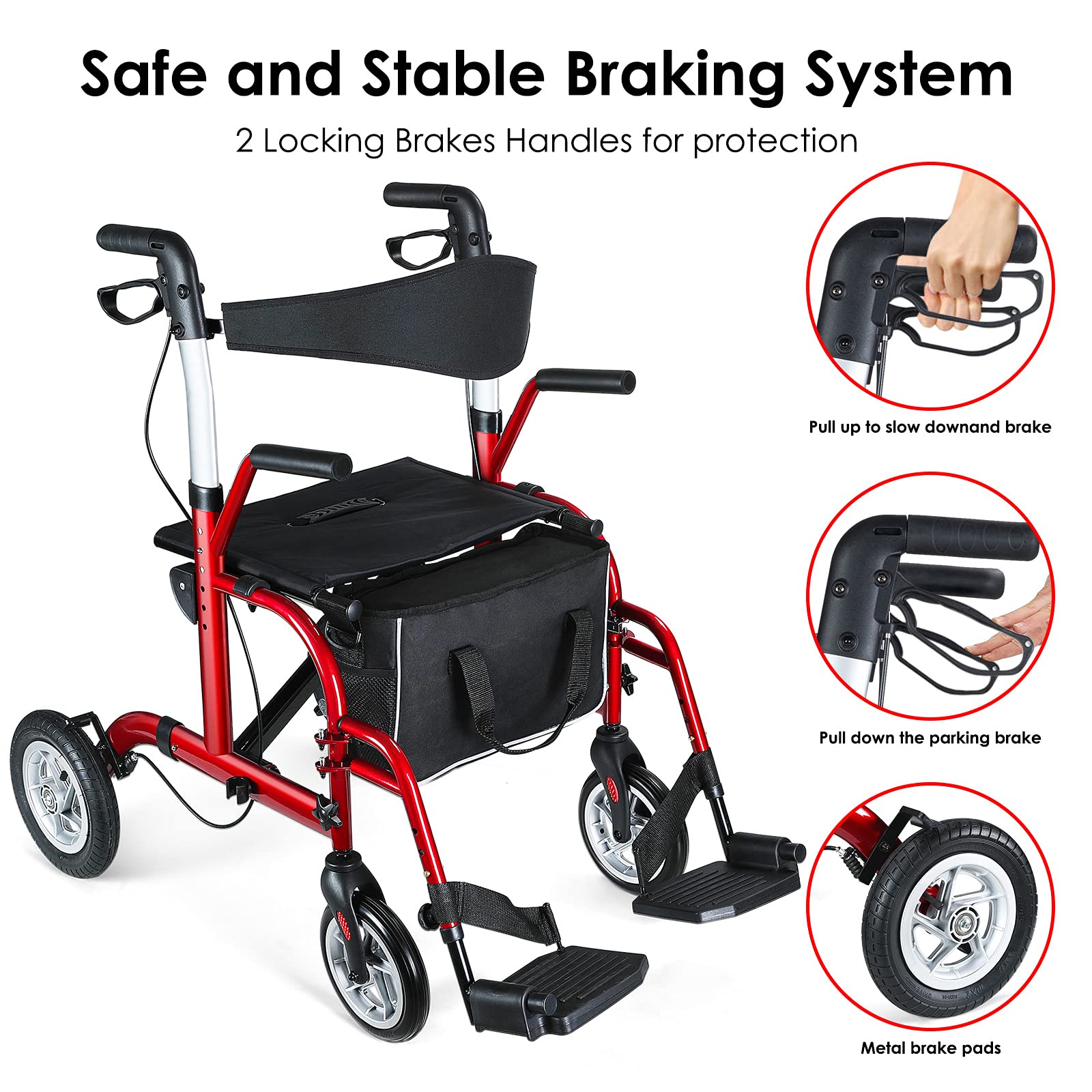 Healconnex 2 in 1 Rollator Walker for Seniors-Medical Walker with Seat,Folding Transport Wheelchair Rollator with 10" Big Pneumatic Rear Wheels,Reversible Soft Backrest and Detachable Footrests