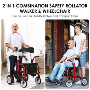 Healconnex 2 in 1 Rollator Walker for Seniors-Medical Walker with Seat,Folding Transport Wheelchair Rollator with 10" Big Pneumatic Rear Wheels,Reversible Soft Backrest and Detachable Footrests