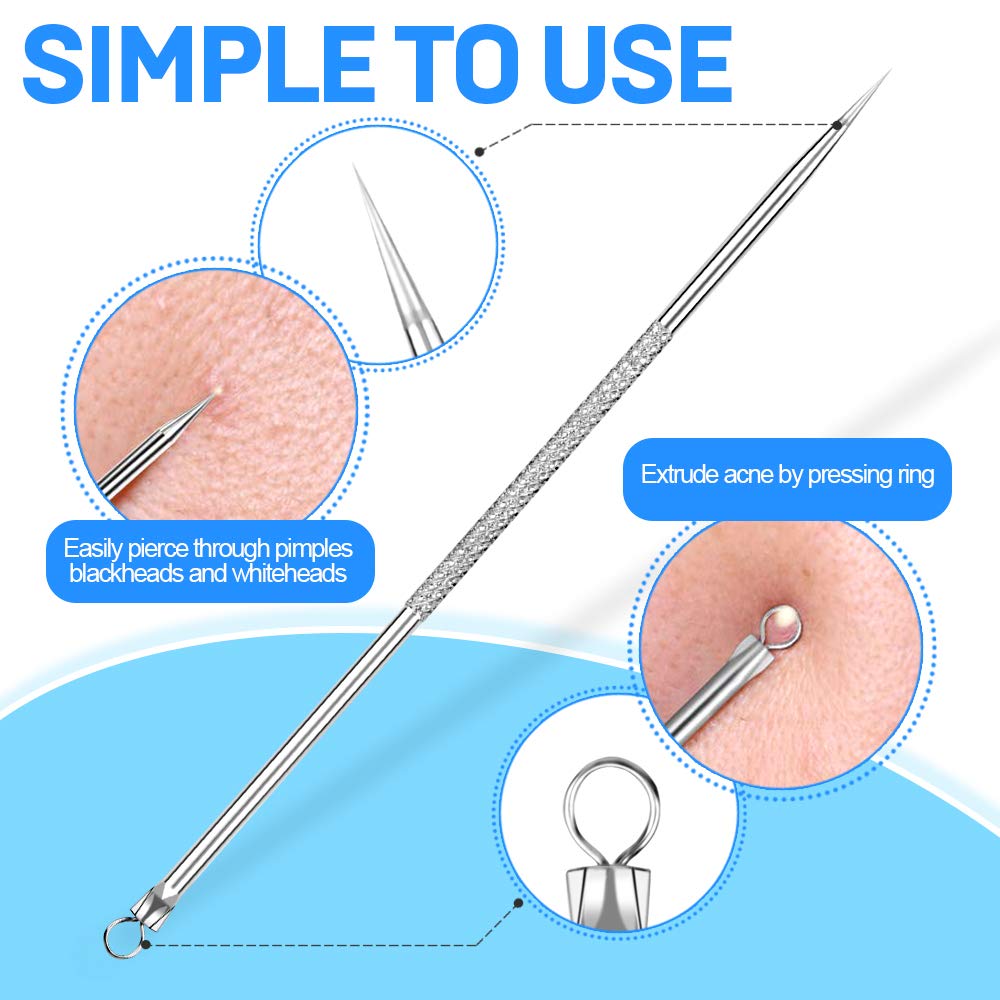 Teenitor Pimple Extractor Acne Treatment Tool Surgical Grade Blackhead Comedone Removal 2-in-1 Popper Tool for Face Nose Blackhead Extractor Tool Silver