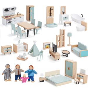 36pcs wooden dollhouse furniture set with 4 family dolls wood and plastic, 5 rooms blue dollhouse accessories pretend play furniture toys for boys girls & toddlers 3y+