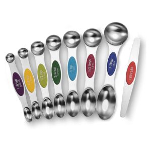 magnetic measuring spoons set - stainless steel stackable dual sided teaspoon tablespoon for measuring dry and liquid ingredients, measuring spoons for cooking & baking, fits in spice jars, set of 8