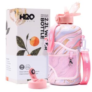 h2o capsule 2.2l half gallon water bottle with storage sleeve and removable straw – bpa free large reusable drink container with handle - big sports jug, 2.2 liter (74 ounce), pink marble