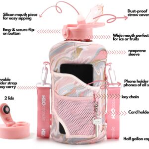 H2O Capsule 2.2L Half Gallon Water Bottle with Storage Sleeve and Removable Straw – BPA Free Large Reusable Drink Container with Handle - Big Sports Jug, 2.2 Liter (74 Ounce), Pink Marble