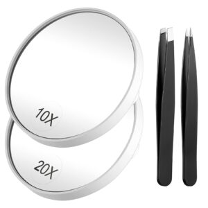 funtopia magnifying mirror and tweezers kit, 10x & 20x magnifying makeup mirrors with 2 suction cups, portable magnifier travel set for eyebrow tweezing, blackhead blemish removal, 3.5 inch (mirror)