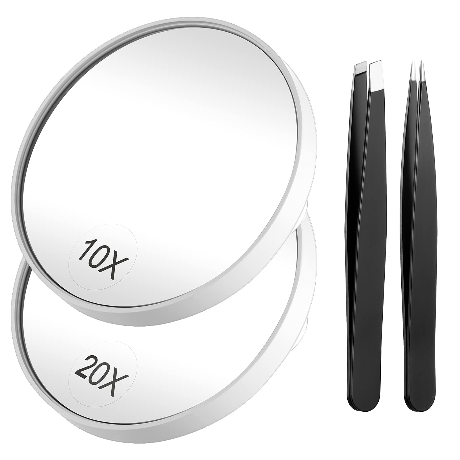 Funtopia Magnifying Mirror and Tweezers Kit, 10X & 20X Magnifying Makeup Mirrors with 2 Suction Cups, Portable Magnifier Travel Set for Eyebrow Tweezing, Blackhead Blemish Removal, 3.5 Inch (Mirror)