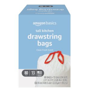 amazon basics tall kitchen drawstring trash bags, clean fresh scent, 13 gallon, 80 count, pack of 1