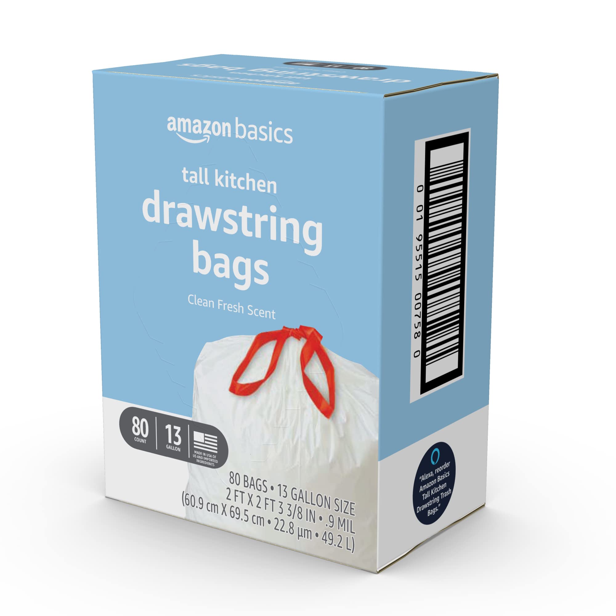 Amazon Basics Tall Kitchen Drawstring Trash Bags, Clean Fresh Scent, 13 Gallon, 80 Count, Pack of 1