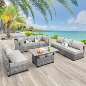 rattaner 9-piece outdoor sectional wicker furniture set patio furniture conversation couch set large-size storage table with thicken(5") anti-slip light grey cushions furniture cover