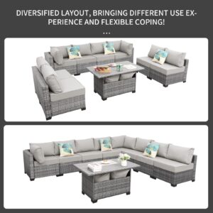 Rattaner 9-Piece Outdoor Sectional Wicker Furniture Set Patio Furniture Conversation Couch Set Large-size Storage Table with Thicken(5") Anti-slip Light Grey Cushions Furniture Cover