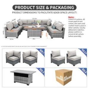 Rattaner 9-Piece Outdoor Sectional Wicker Furniture Set Patio Furniture Conversation Couch Set Large-size Storage Table with Thicken(5") Anti-slip Light Grey Cushions Furniture Cover