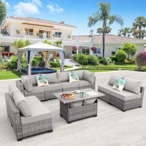 Rattaner 9-Piece Outdoor Sectional Wicker Furniture Set Patio Furniture Conversation Couch Set Large-size Storage Table with Thicken(5") Anti-slip Light Grey Cushions Furniture Cover