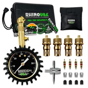 rhino usa adjustable tire deflators with gauge (0-60psi) calibrated & automatic tire air down tool - large 2" easy read glow dial & solid brass hardware - best offroad deflator for jeep, truck or atv