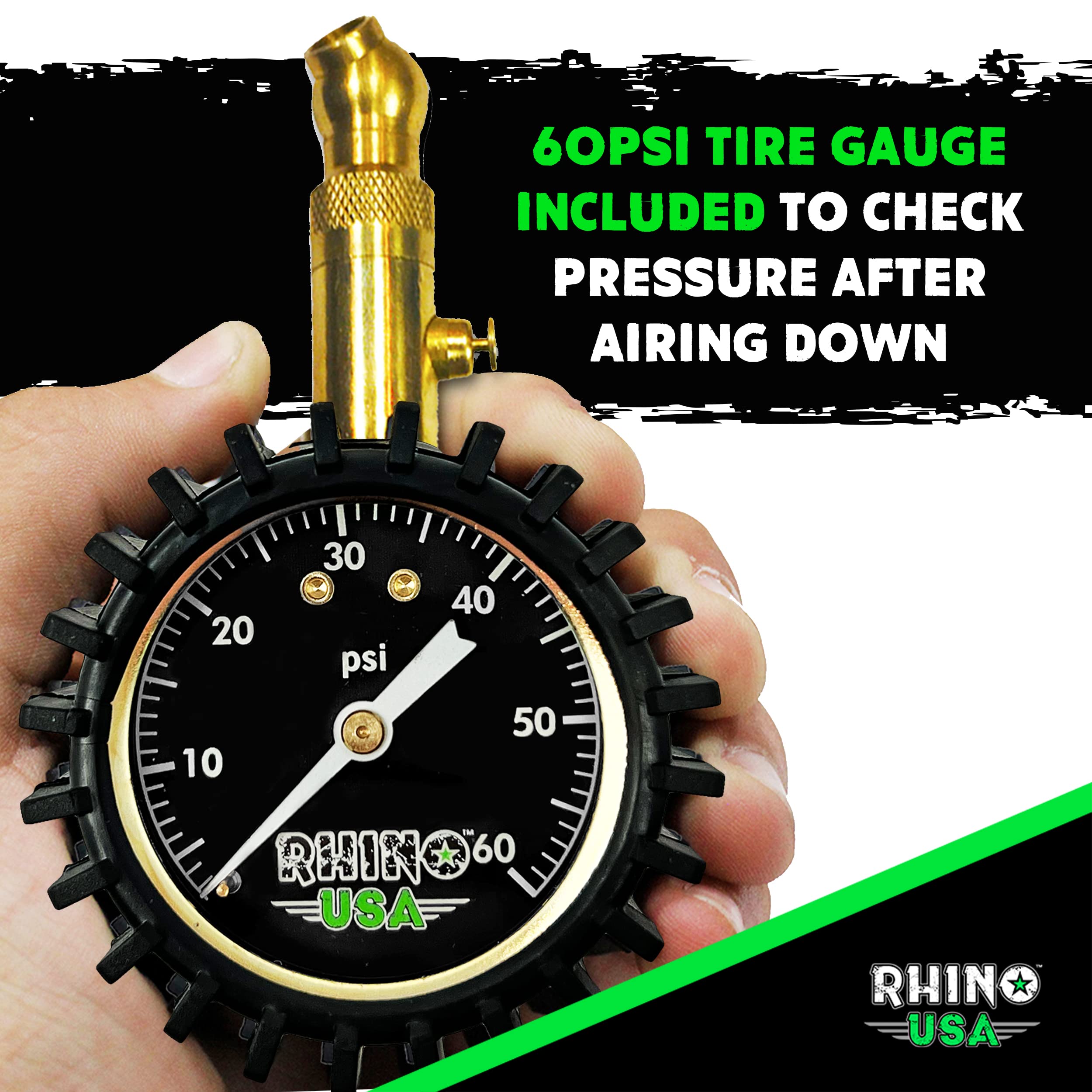 Rhino USA Adjustable Tire Deflators with Gauge (0-60psi) Calibrated & Automatic Tire Air Down Tool - Large 2" Easy Read Glow Dial & Solid Brass Hardware - Best Offroad Deflator for Jeep, Truck or ATV