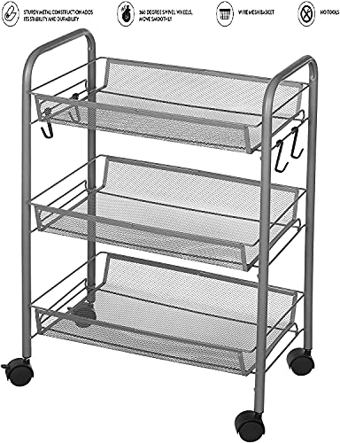 Urban Lifestyle 3 Tier Mesh All Purpose Utility Rolling Storage Cart, Silver