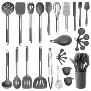 silicone kitchen utensils set, e-far 30-piece cooking utensils set with holder, heat resistant kitchen spatulas turner tong spoon whisk ladle for nonstick cookware, stainless steel handle (gray)