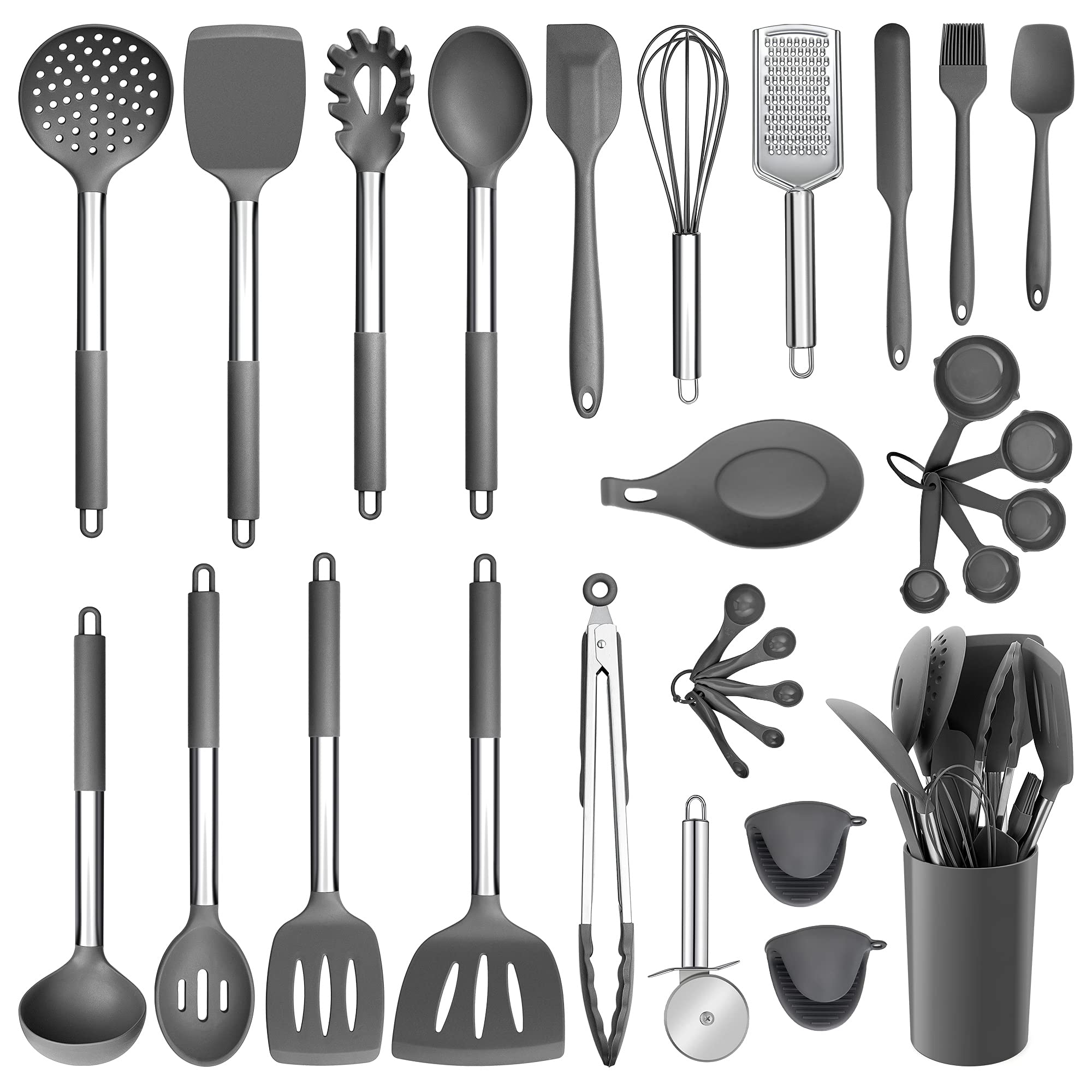 Silicone Kitchen Utensils Set, E-far 30-Piece Cooking Utensils Set with Holder, Heat Resistant Kitchen Spatulas Turner Tong Spoon Whisk Ladle for Nonstick Cookware, Stainless Steel Handle (Gray)