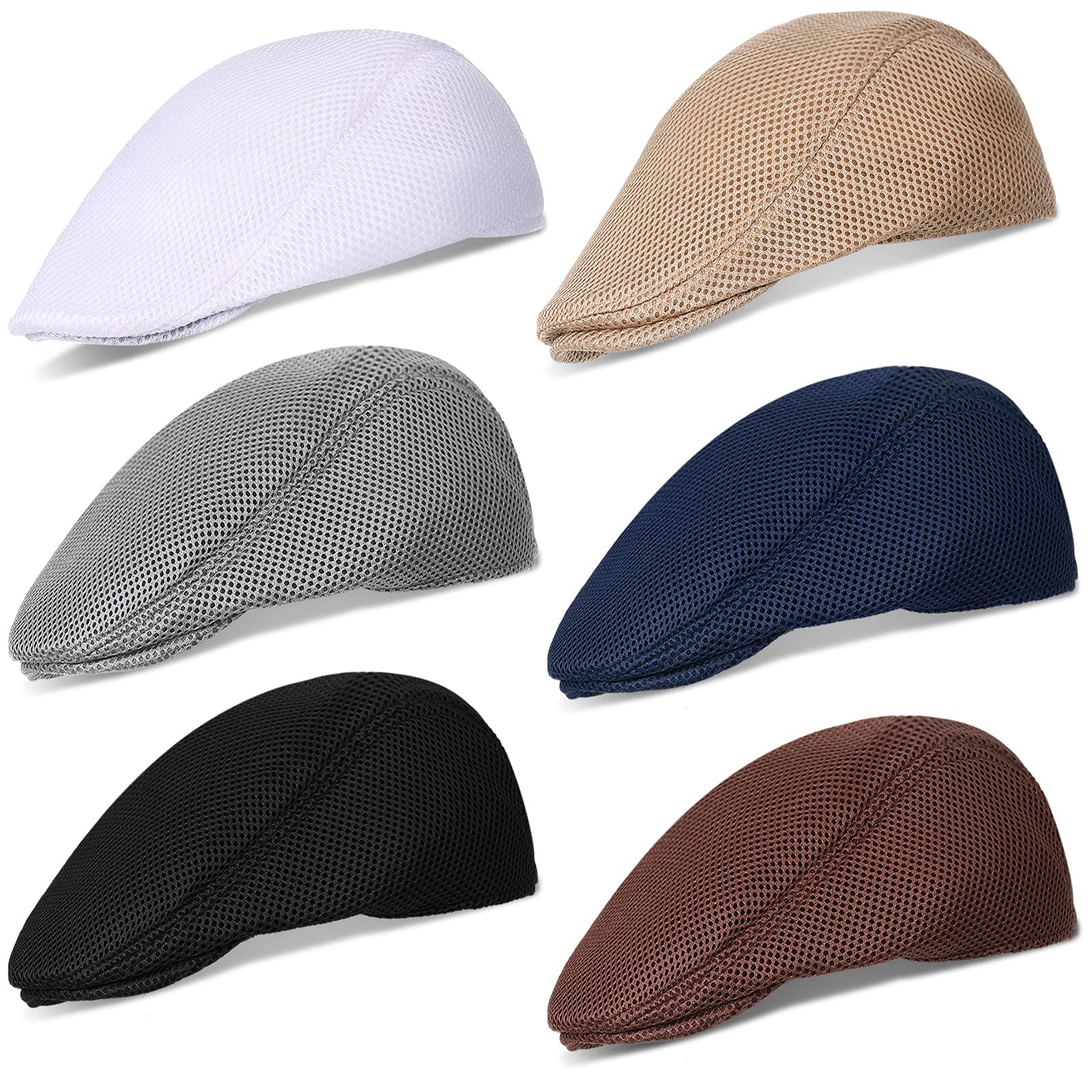 Geyoga 6 Pieces Men's Mesh Flat Cap Breathable Summer Newsboy Hat Cabbie Flat Cap (Multicolor Flat)