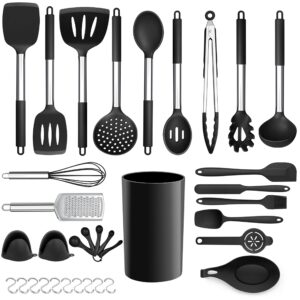 lianyu kitchen cooking utensils set, 35-piece silicone cooking utensils spatula set with holder, non-stick heat resistant cookware with stainless steel handle, black