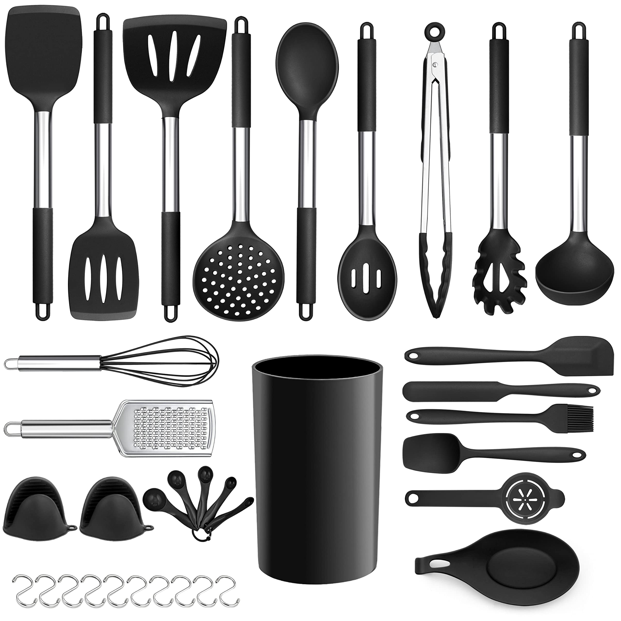 LIANYU Kitchen Cooking Utensils Set, 35-Piece Silicone Cooking Utensils Spatula Set with Holder, Non-stick Heat Resistant Cookware with Stainless Steel Handle, Black