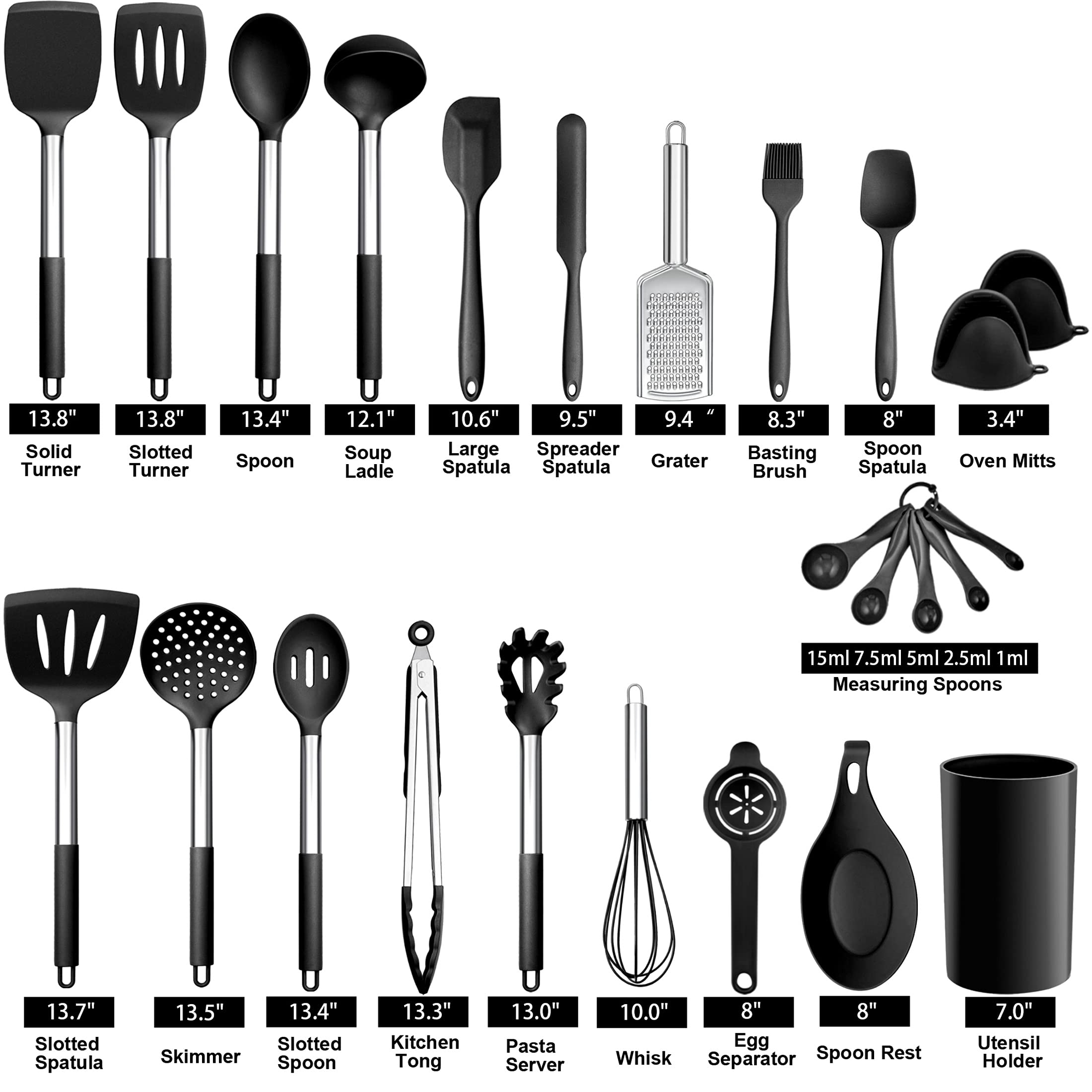 LIANYU Kitchen Cooking Utensils Set, 35-Piece Silicone Cooking Utensils Spatula Set with Holder, Non-stick Heat Resistant Cookware with Stainless Steel Handle, Black