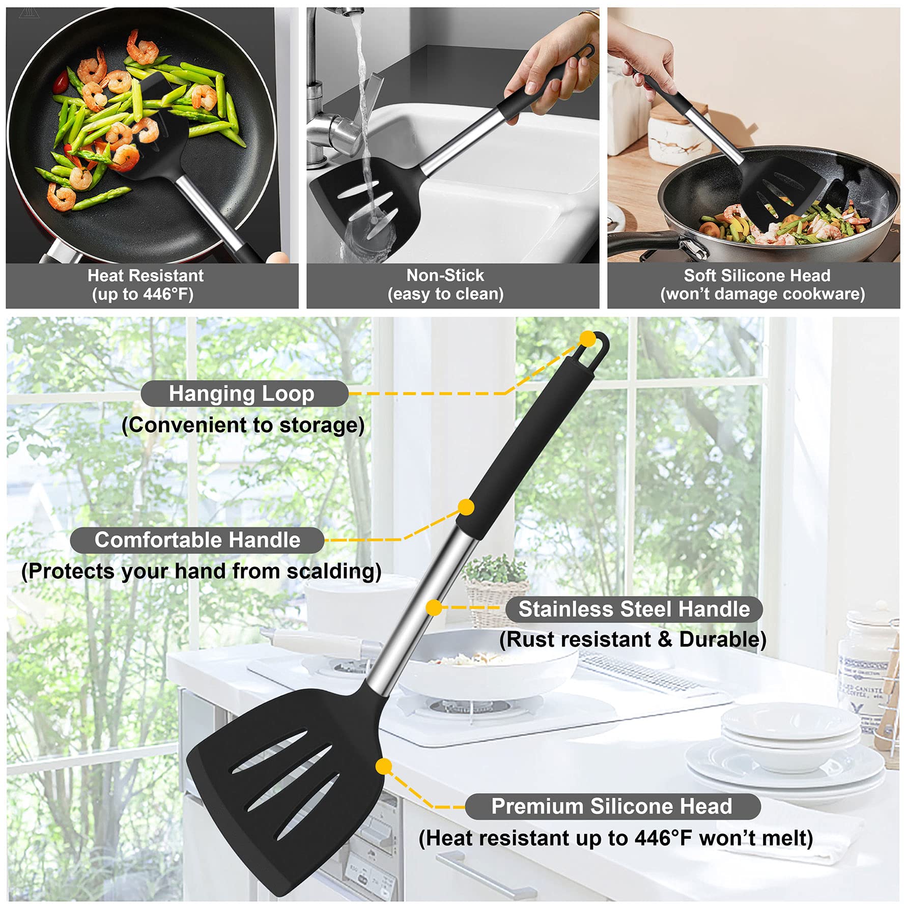 LIANYU Kitchen Cooking Utensils Set, 35-Piece Silicone Cooking Utensils Spatula Set with Holder, Non-stick Heat Resistant Cookware with Stainless Steel Handle, Black