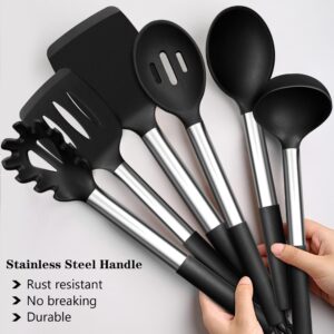 LIANYU Kitchen Cooking Utensils Set, 35-Piece Silicone Cooking Utensils Spatula Set with Holder, Non-stick Heat Resistant Cookware with Stainless Steel Handle, Black