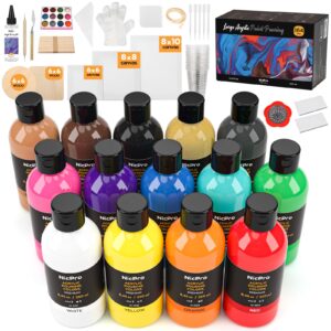 nicpro 14 colors 8.45oz acrylic pour paint supplies kit, large volume premixed high flow painting bulk set with canvas, wood natural slices, pouring oil, tools gloves, strainer, cups for beginner diy