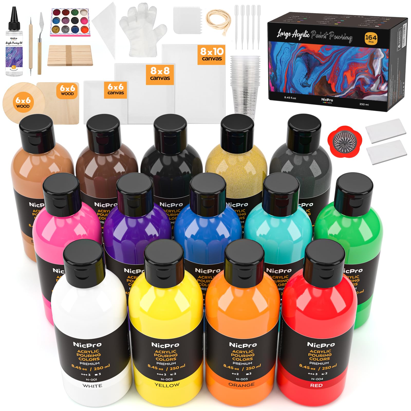 Nicpro 14 Colors 8.45oz Acrylic Pour Paint Supplies Kit, Large Volume Premixed High Flow Painting Bulk Set with Canvas, Wood Natural Slices, Pouring Oil, Tools Gloves, Strainer, Cups for Beginner DIY