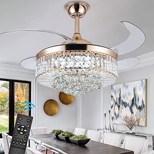 42''Reversible Chandelier Crystal Ceiling Fan with Lights, Stepless Dimming Modern Ceiling Fan Remote Control Retractable Invisible Blades, 6 Speeds Indoor Fandelier Kits for Living Room Bedroom