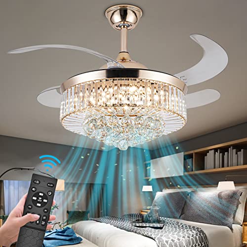 42''Reversible Chandelier Crystal Ceiling Fan with Lights, Stepless Dimming Modern Ceiling Fan Remote Control Retractable Invisible Blades, 6 Speeds Indoor Fandelier Kits for Living Room Bedroom