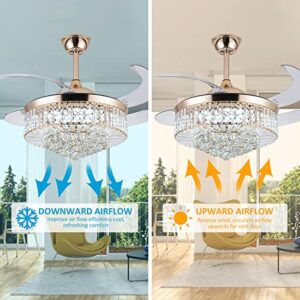 42''Reversible Chandelier Crystal Ceiling Fan with Lights, Stepless Dimming Modern Ceiling Fan Remote Control Retractable Invisible Blades, 6 Speeds Indoor Fandelier Kits for Living Room Bedroom