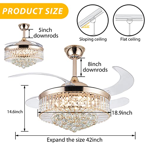 42''Reversible Chandelier Crystal Ceiling Fan with Lights, Stepless Dimming Modern Ceiling Fan Remote Control Retractable Invisible Blades, 6 Speeds Indoor Fandelier Kits for Living Room Bedroom