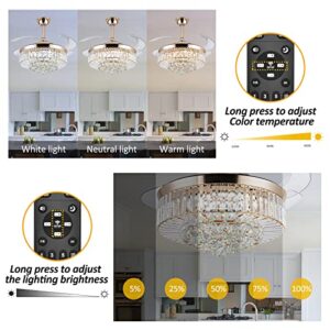 42''Reversible Chandelier Crystal Ceiling Fan with Lights, Stepless Dimming Modern Ceiling Fan Remote Control Retractable Invisible Blades, 6 Speeds Indoor Fandelier Kits for Living Room Bedroom