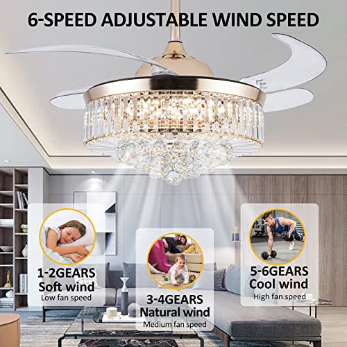 42''Reversible Chandelier Crystal Ceiling Fan with Lights, Stepless Dimming Modern Ceiling Fan Remote Control Retractable Invisible Blades, 6 Speeds Indoor Fandelier Kits for Living Room Bedroom