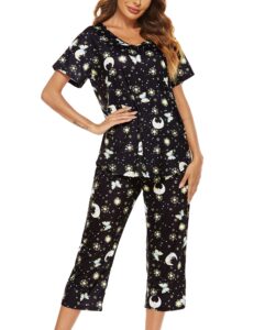 locube women's pajama sets lounge wear set short sleeve tops and cropped pants pj (black, large)